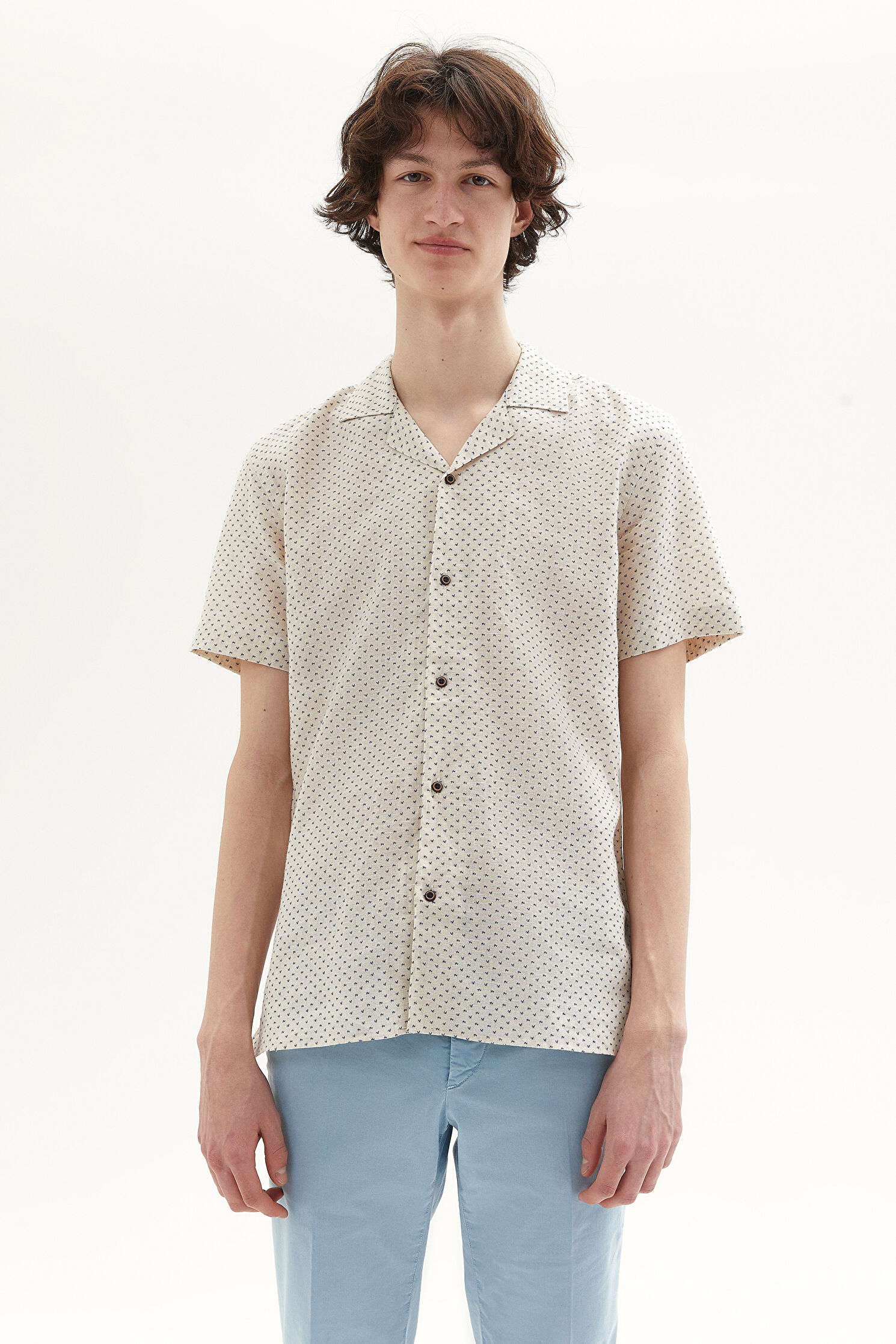 Outlet Men Vakkorama Close Fit Ecru Design Filled Resort Collar Shirt